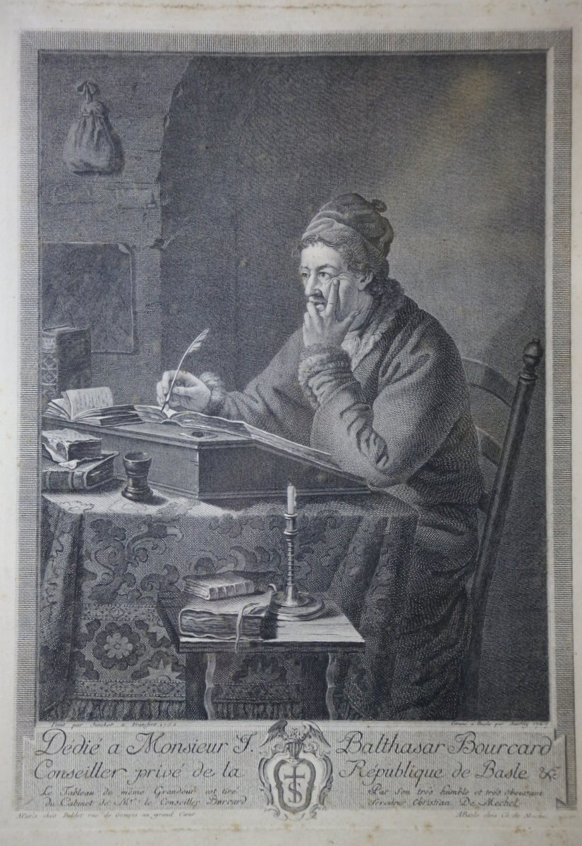 Gelehrtenstube. Ein Gelehrter sitzt an einem Schreibpult im Mantel und ...