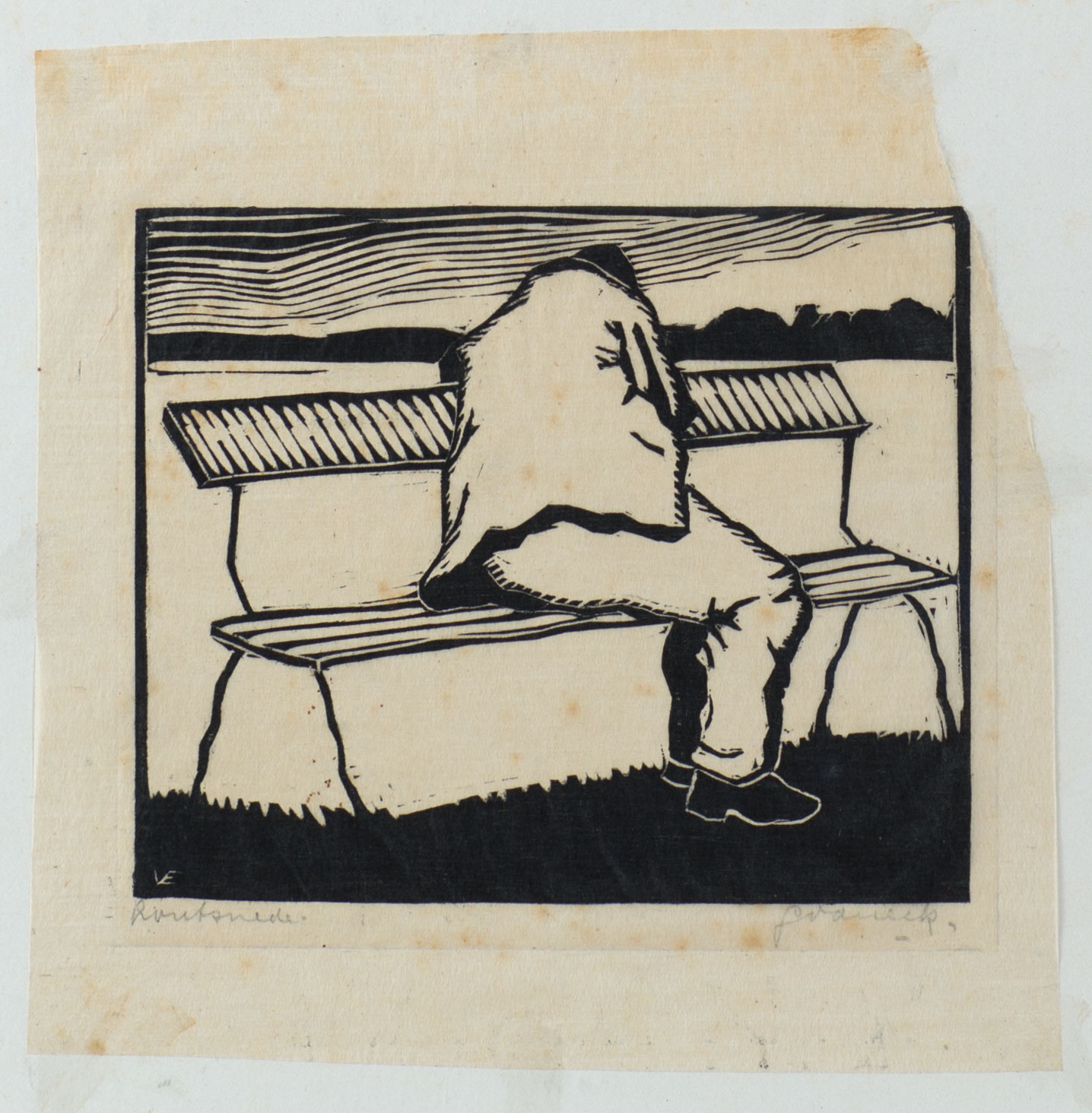 De zwerver. Vom Beschauer abgewandt auf einer Bank sitzender Mann. by ...