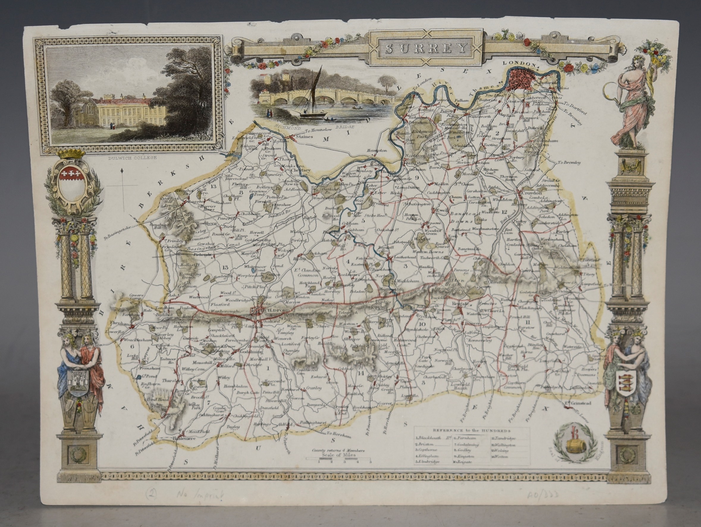 Map of Surrey. Map of Surrey showing towns, villages, roads. MOULE ...