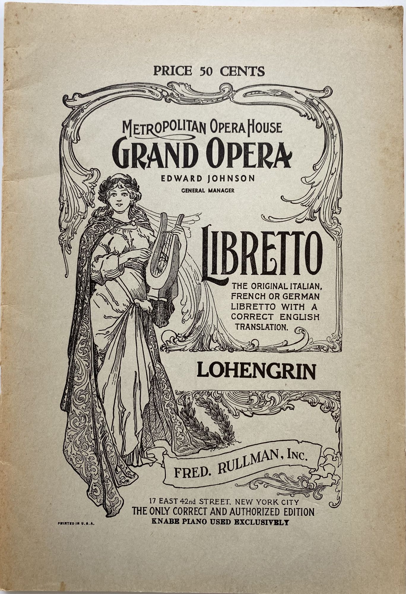 Lohengrin, Opera in Three Acts; Metropolitan Opera House Grand Opera ...