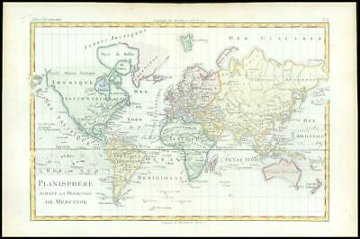 1780 - Original Antique Map of PLANISPHERE MERCATOR World Map by Bonne ...
