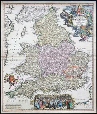 1720 Engraved Map MAGNAE BRITANNIA REGNUM ANGLIAE England Wales Homann ...