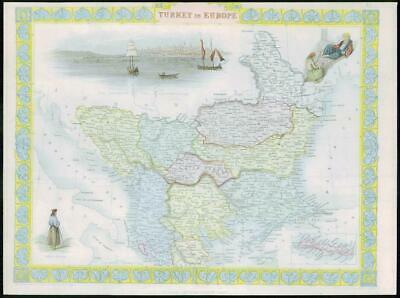 1850 - Antique Map of "TURKEY IN EUROPE" Bulgaria Bosnia TALLIS COLOUR ...