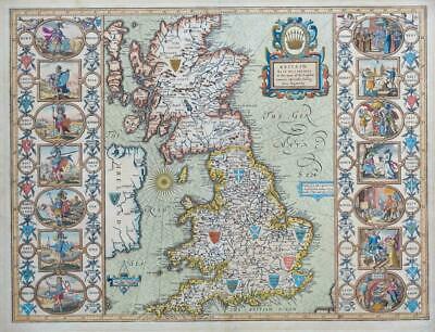 1627 John Speed BRITISH ISLES Map Britain as it was Devided Heptarchy ...