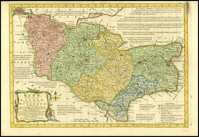 1777 Antique Map of KENT by Emanual Bowen Divided into Lathes Hundreds ...