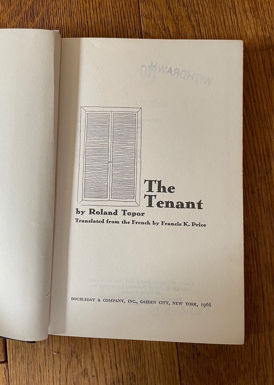 THE TENANT. von TOPOR, Roland.: Fair Hardcover (1966) | Burwood Books