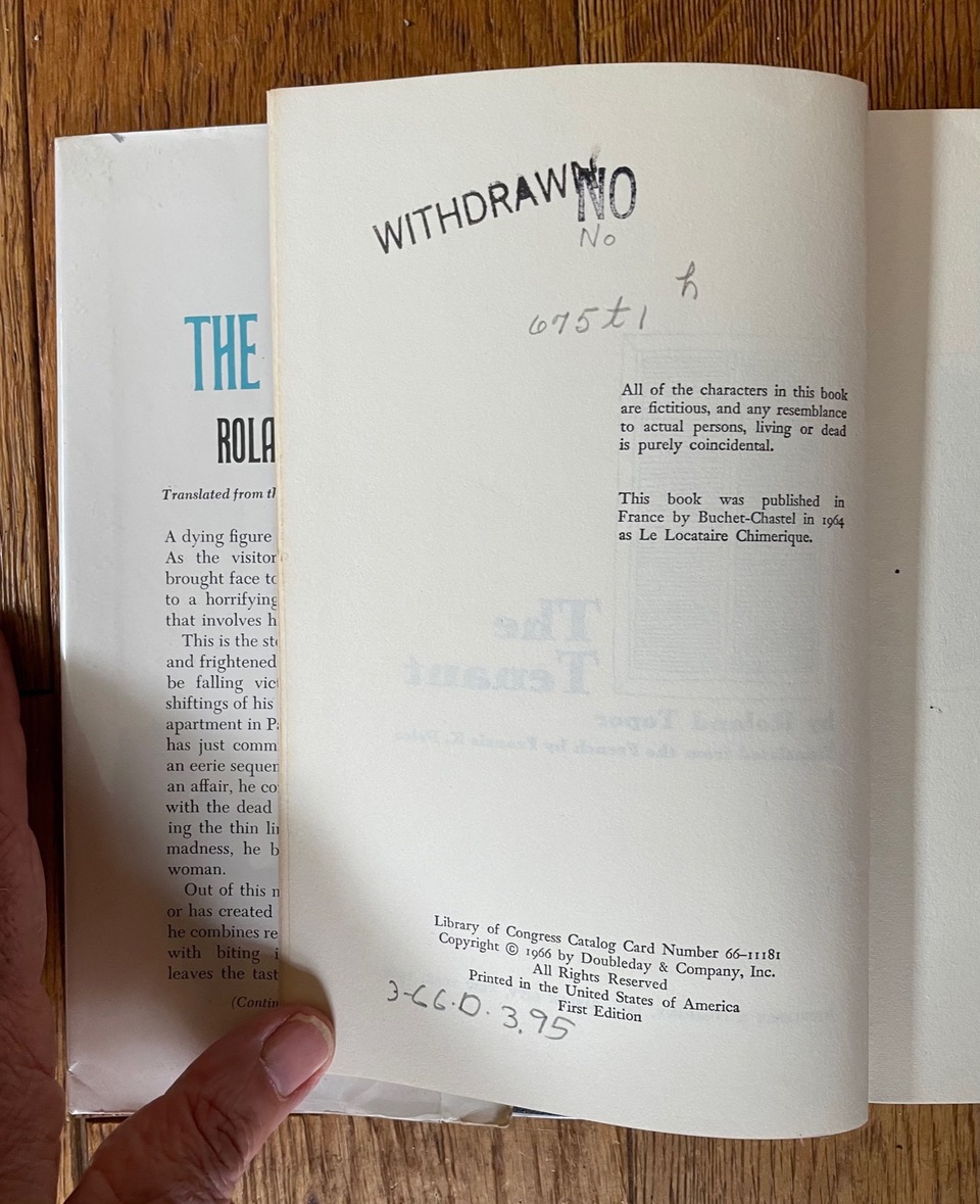 THE TENANT. von TOPOR, Roland.: Fair Hardcover (1966) | Burwood Books