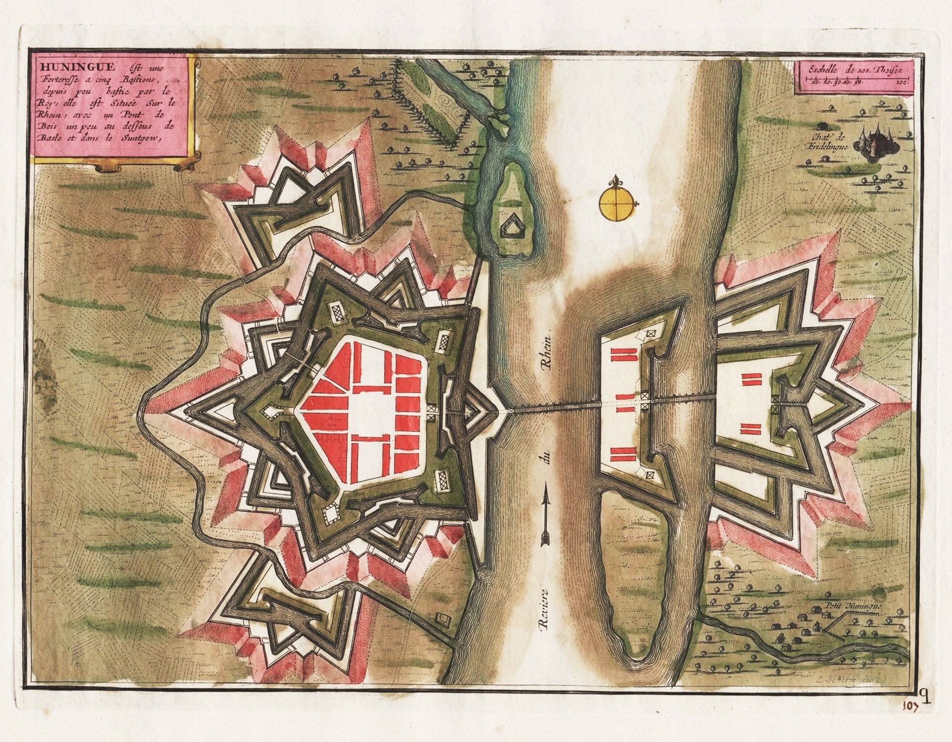 "Huningue." - Huningue Haut-Rhin gravure map Karte by de Fer, Nicolas ...