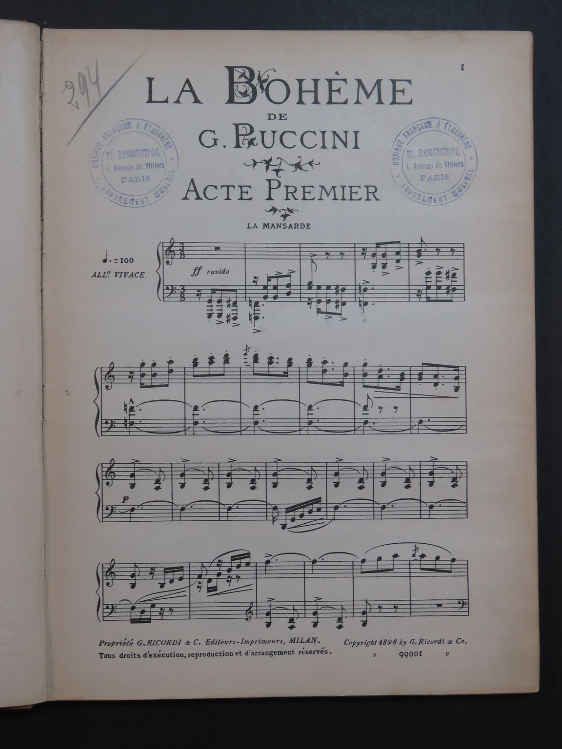 PUCCINI Giacomo La Bohème Opéra Piano solo 1898 by PUCCINI Giacomo La ...