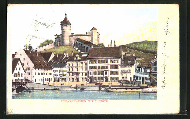 Ansichtskarte Schaffhausen, Ortspartie mit Munoth: (1909) Manuskript ...