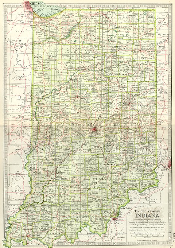 Historical 1897 Vintage Color Map of Indiana: Art / Print / Poster ...
