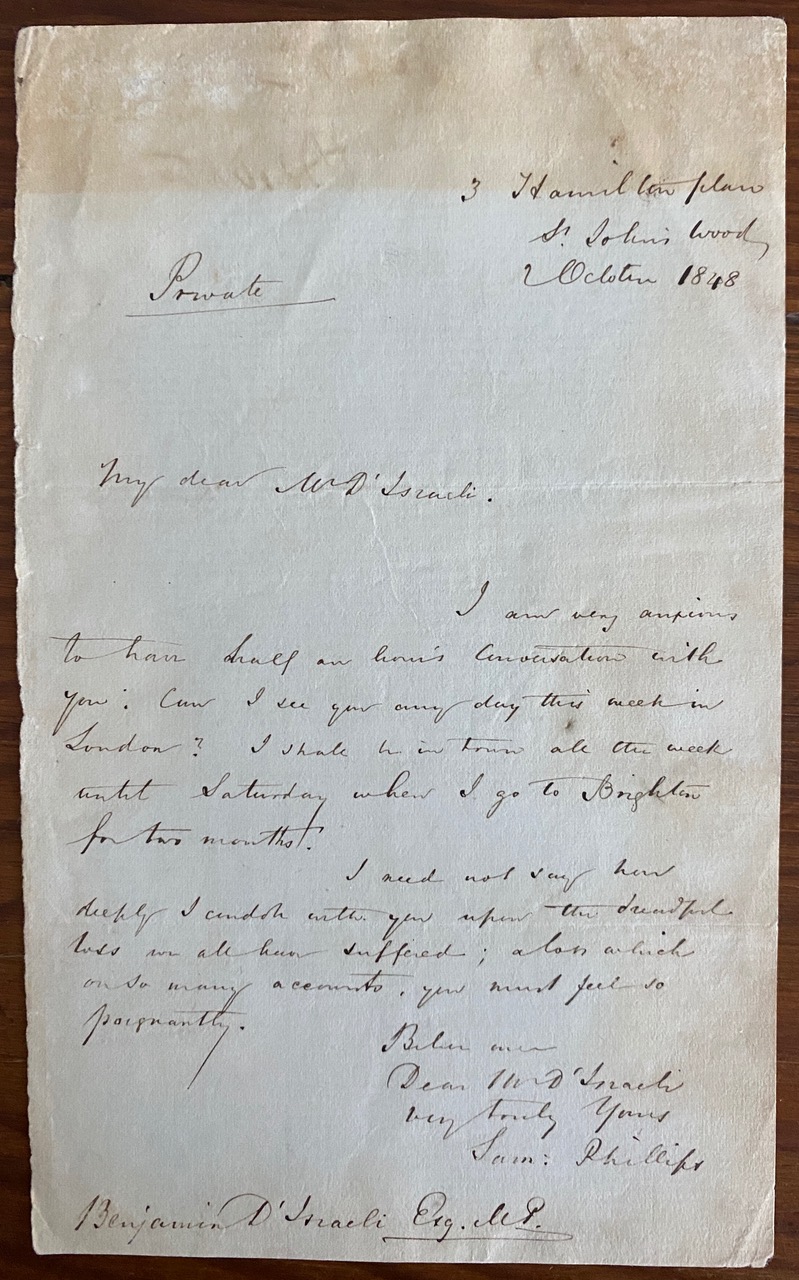 Autograph Letter Signed from Samuel Phillips to Benjamin Disraeli ...