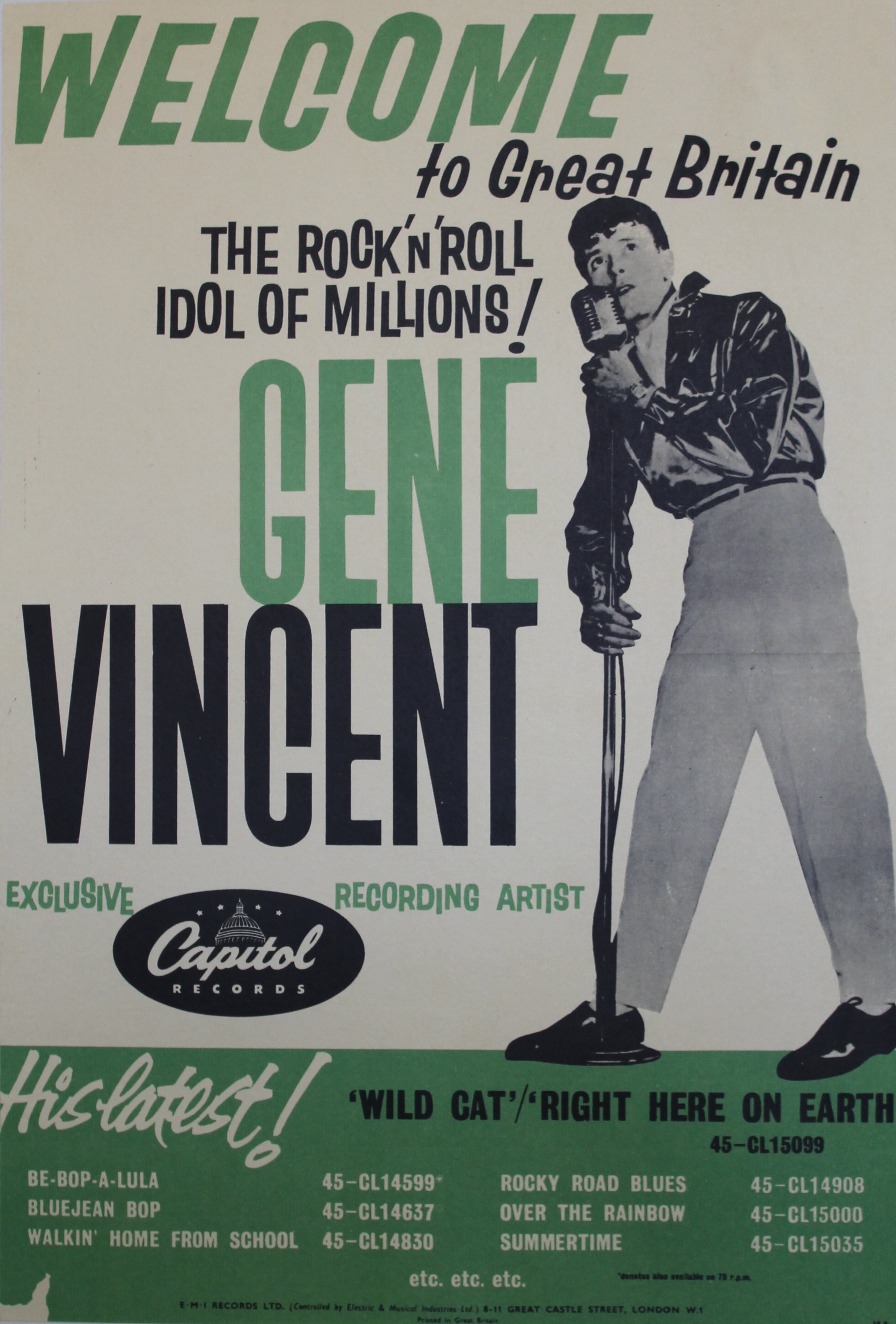 "Gene VINCENT / WELCOME TO GREAT BRITAIN / CAPITOL" Affiche ressortie ...