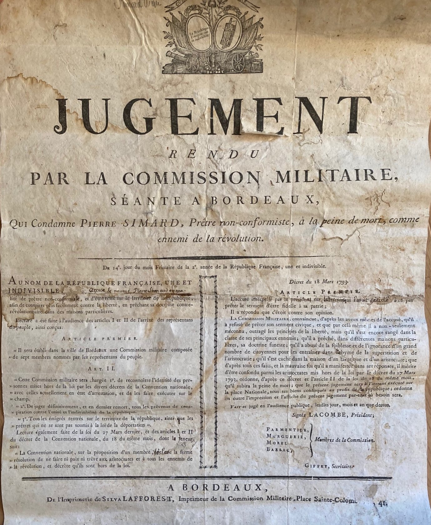 [Révolution - CONDAMNATION A MORT D UN PRETRE] Jugement... | Barnebys