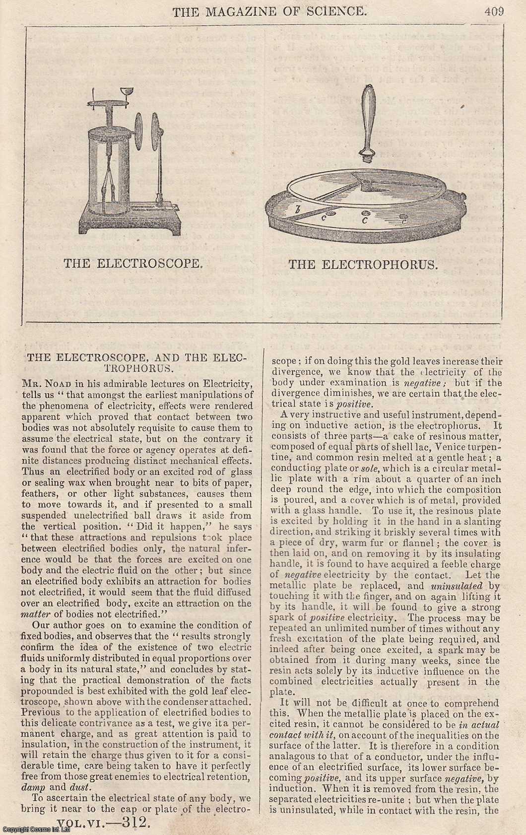 1845, The Electroscope, and the Electrophorus. A half page engraving ...