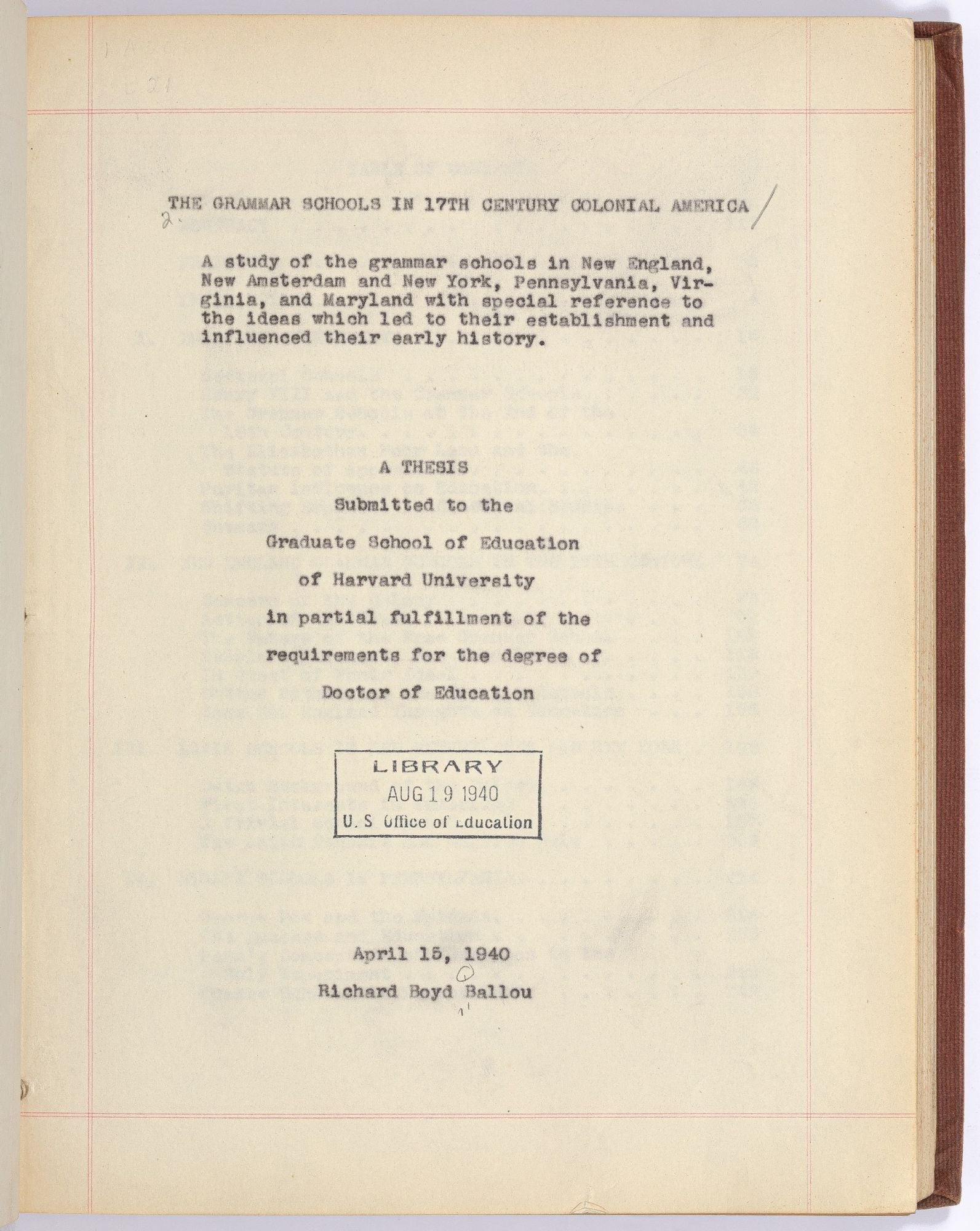 The Grammar Schools in 17th Century Colonial America by BALLOU, Richard ...