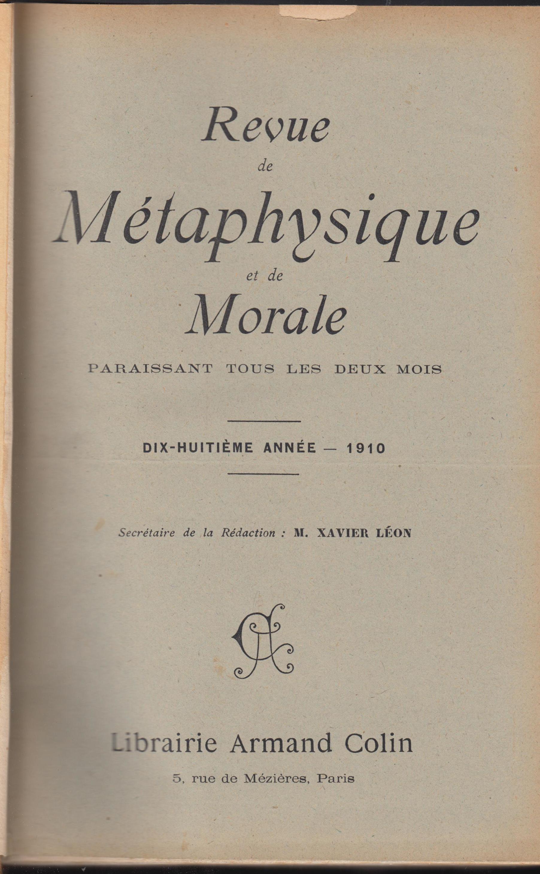 Revue de Métaphysique et de morale dix-huitième année - 1910 by Xavier ...