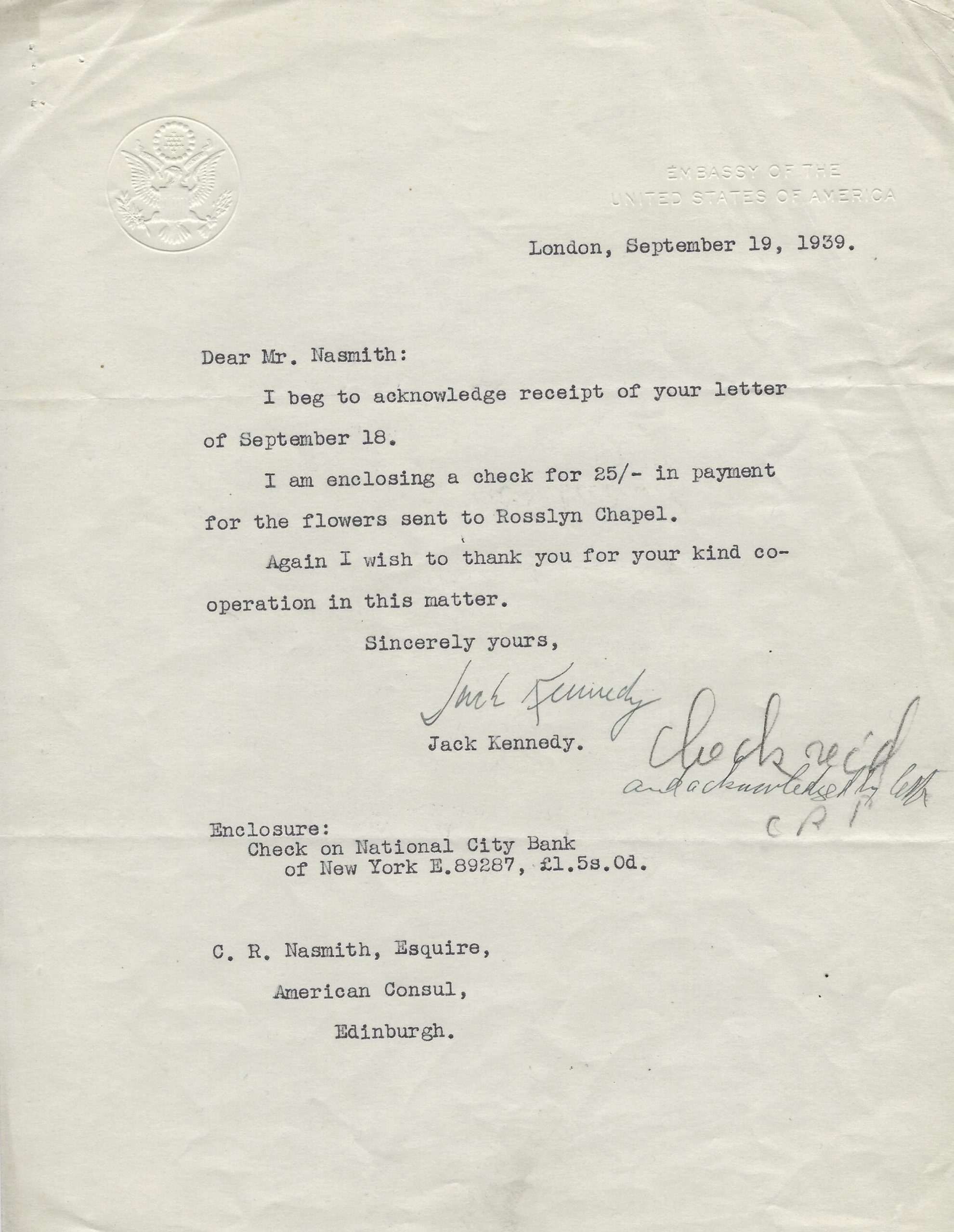 Very Early Signed letter by John F. Kennedy, 1939 de John F. Kennedy ...