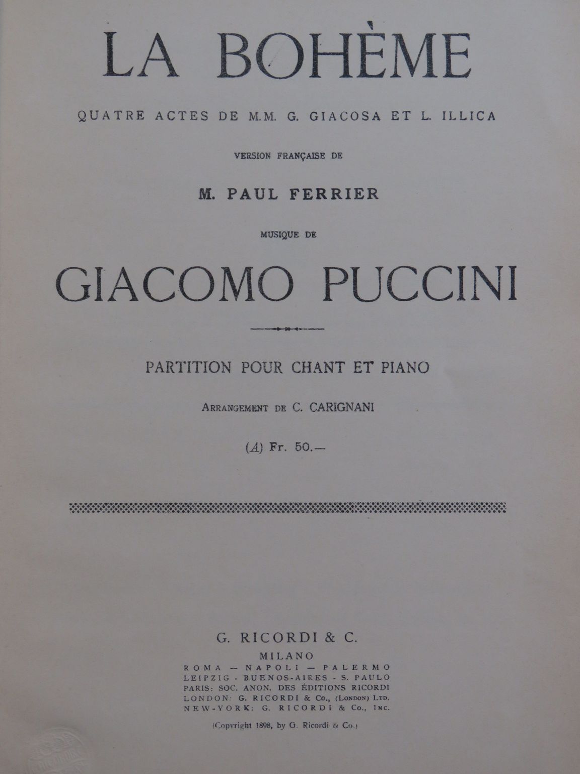 PUCCINI Giacomo La Bohème Opéra Chant Piano 1898 by PUCCINI Giacomo La ...