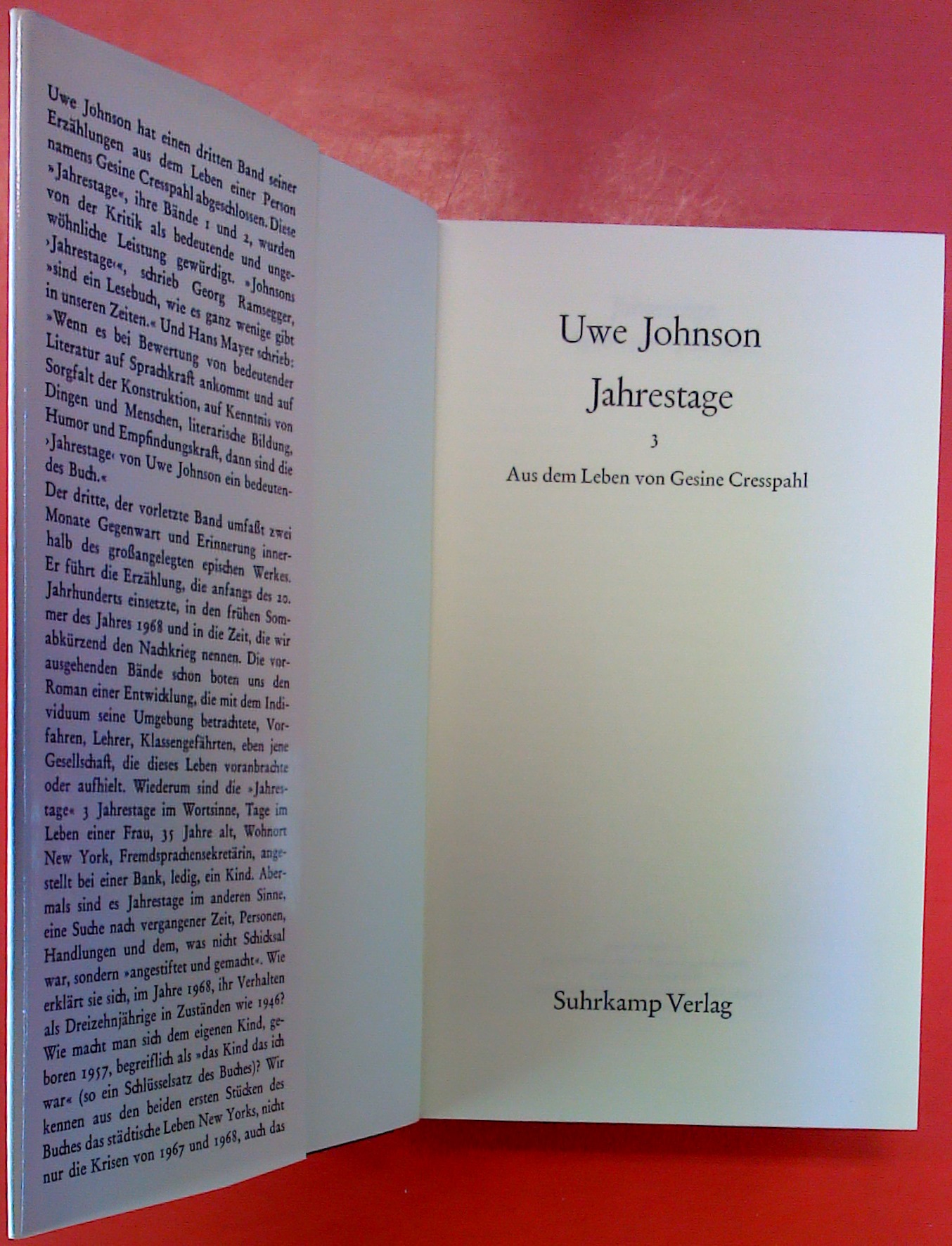 Jahrestage 3: Aus dem Leben von Gesine Cresspahl von Uwe Johnson: very ...