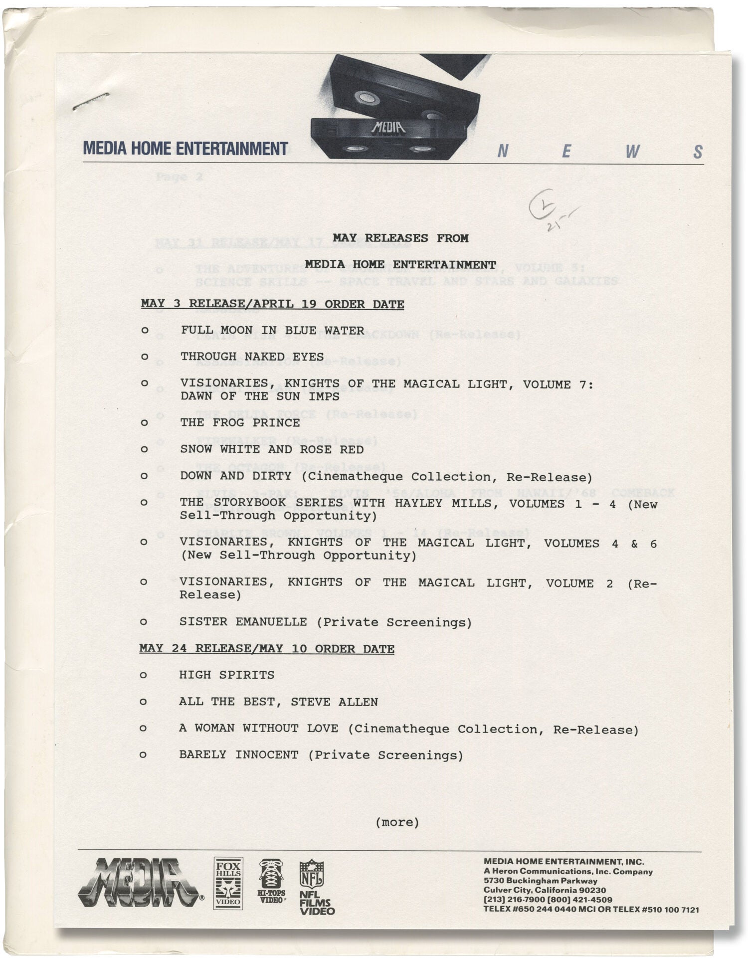 Original press kit for films released through Media Home Entertainment ...