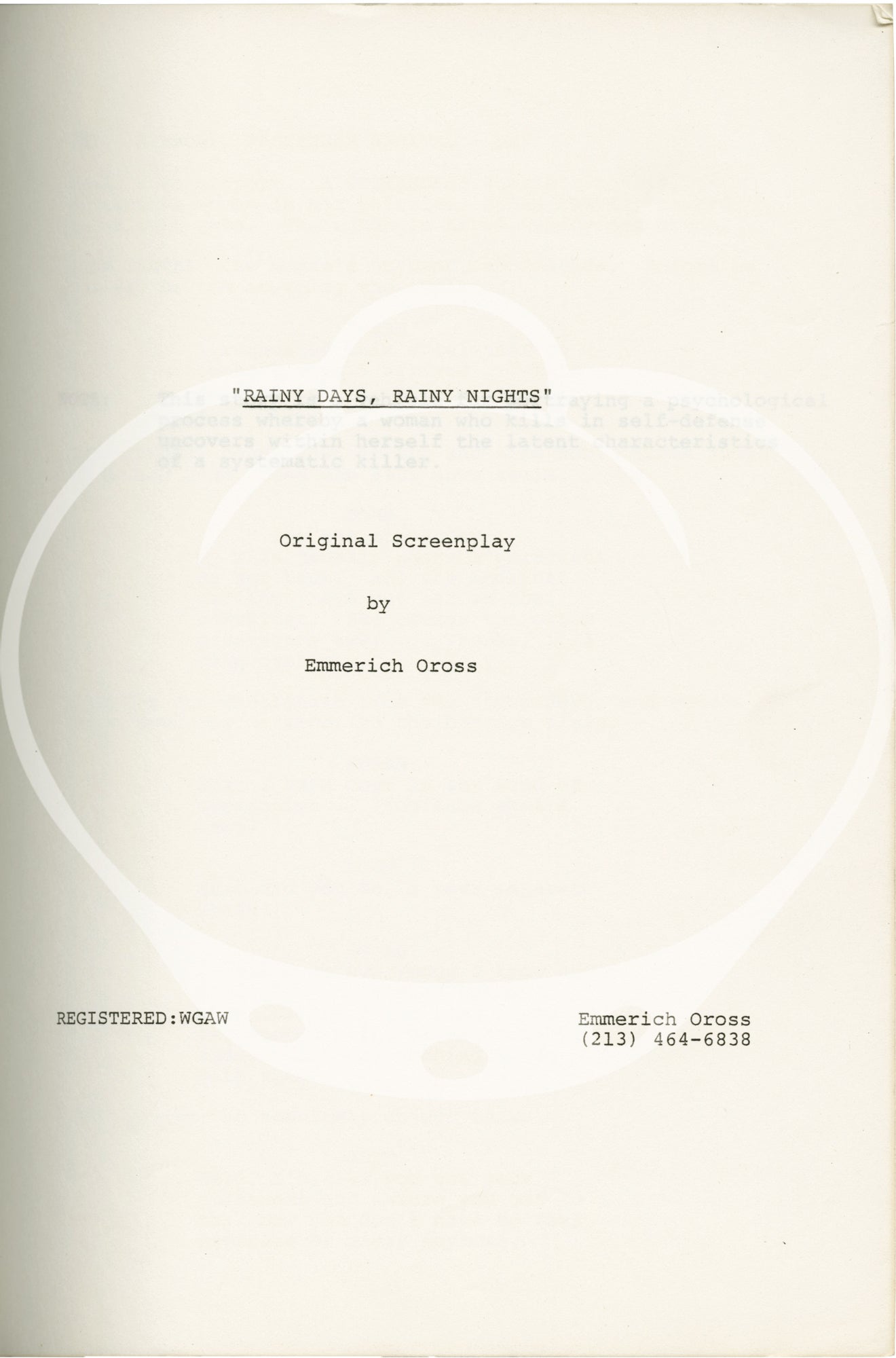 To Kill a Stranger [Rainy Days, Rainy Nights] (Original screenplay for ...