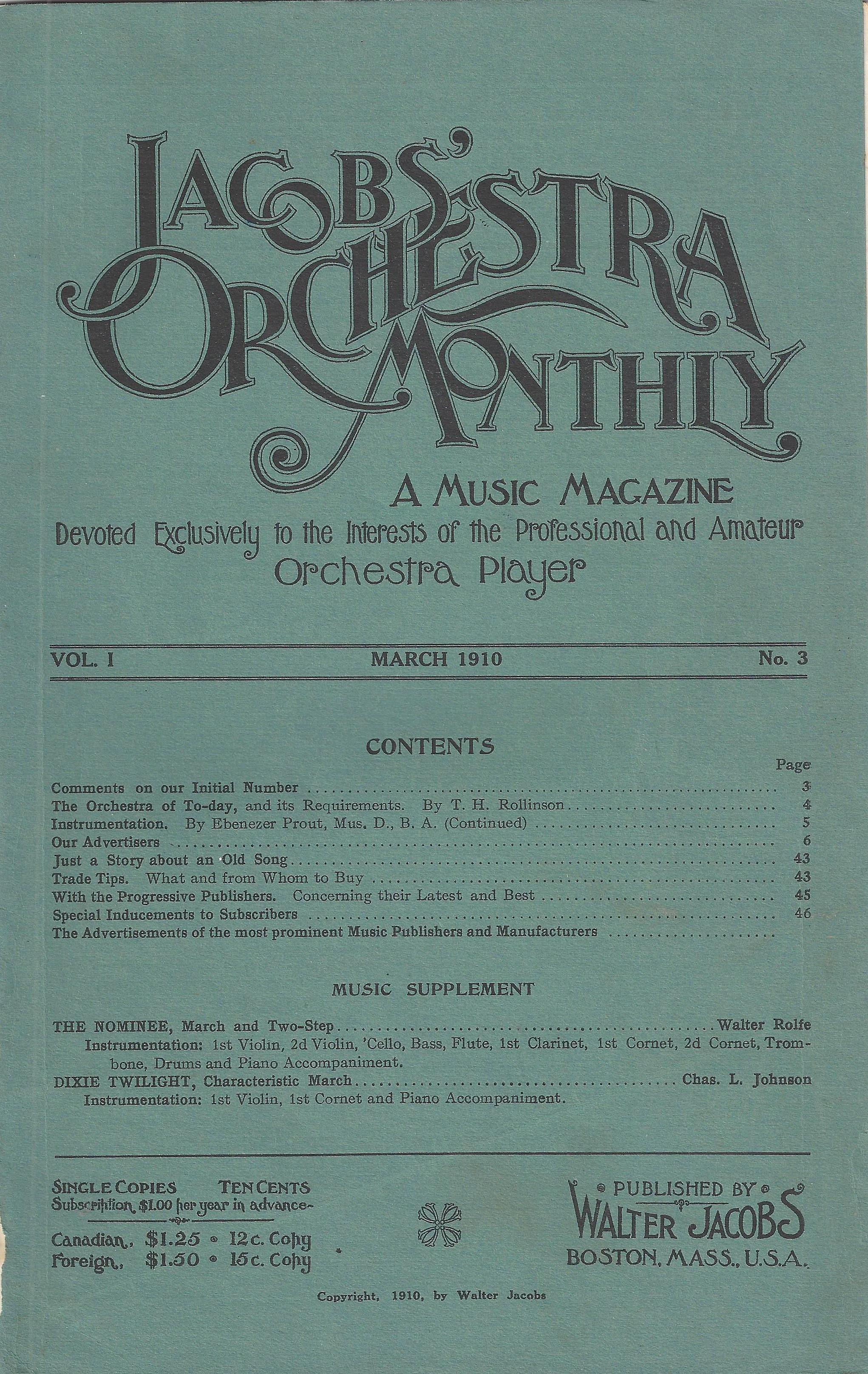 Jacobs Orchestra Monthly. A Music Magazine. Vol 1 No 3 by Walter Jacobs ...