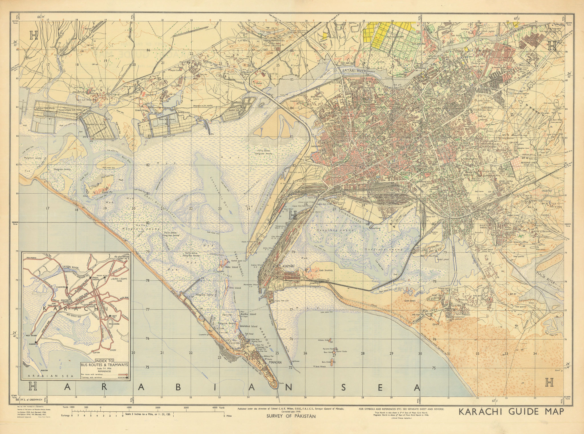 Karachi Guide Map // Index to Bus Routes & Tramways... | Barnebys