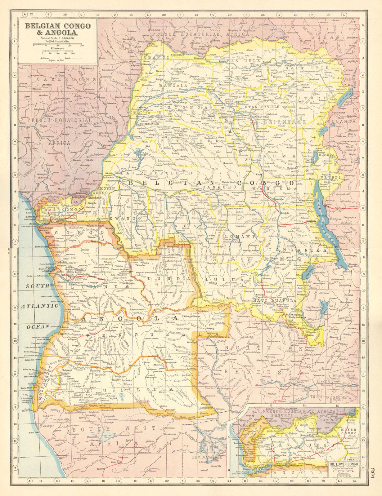 Belgian Congo & Angola; Inset map of The Lower Congo by Harmsworth ...