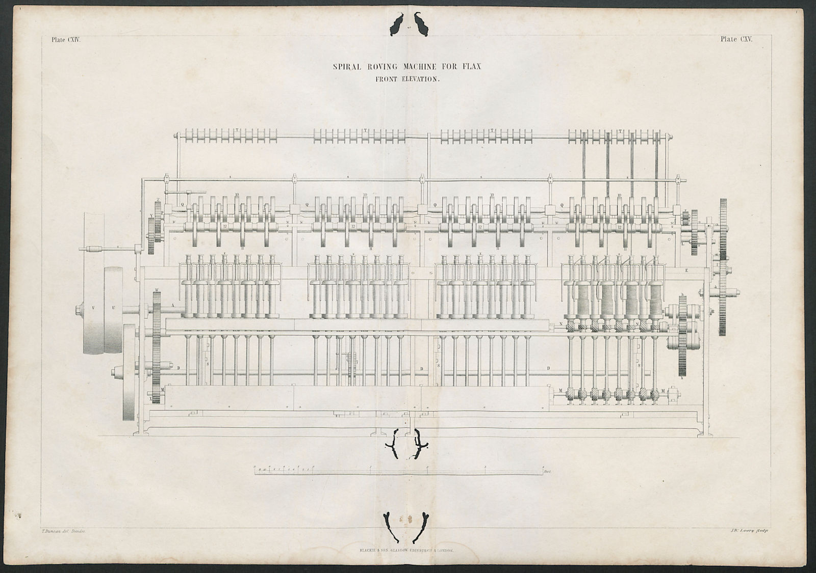 Spiral roving machine for flax, front elevation by Lowry, Joseph Wilson ...