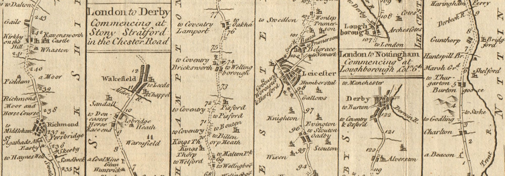 Map of the roads from London to Barnard Castle, Derby, Nottingham c ...
