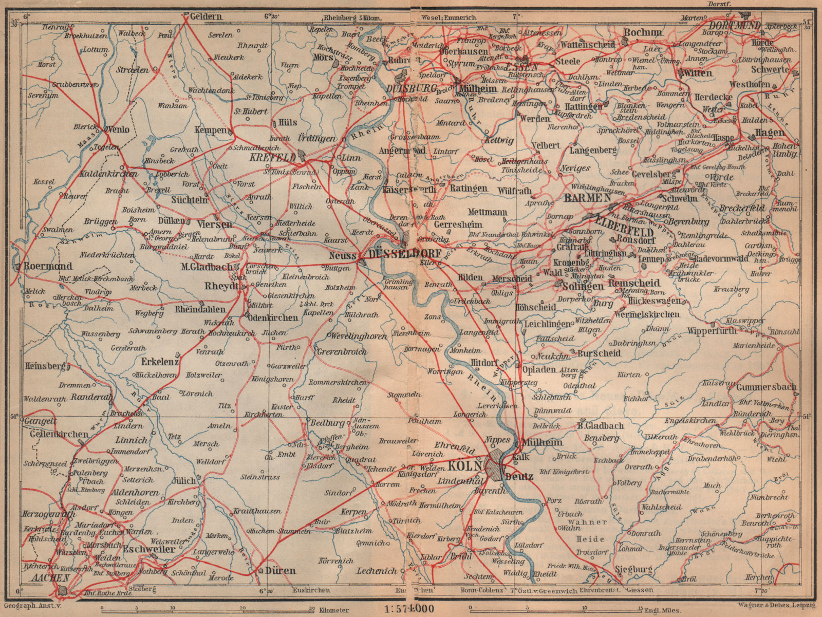 Railway map of the Rhine and Ruhr valleys by Baedeker, Karl Wagner ...