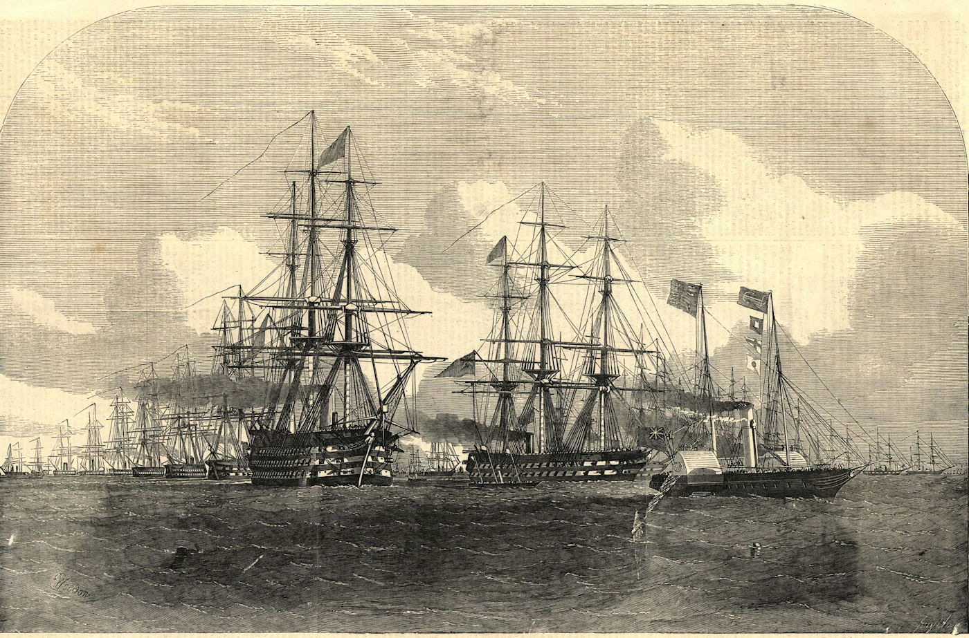 Fleet forming line abreast. Terrible, Valorous, Leopard, Odin ...