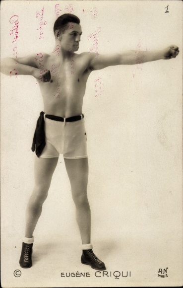 Ansichtskarte / Postkarte Französischer Boxer Eugene Criqui, Portrait: Manuscript / Paper ...