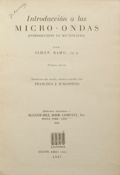 INTRODUCCIÓN A LAS MICRO-ONDAS. von RAMO. (Simon): Good Hard Cover ...