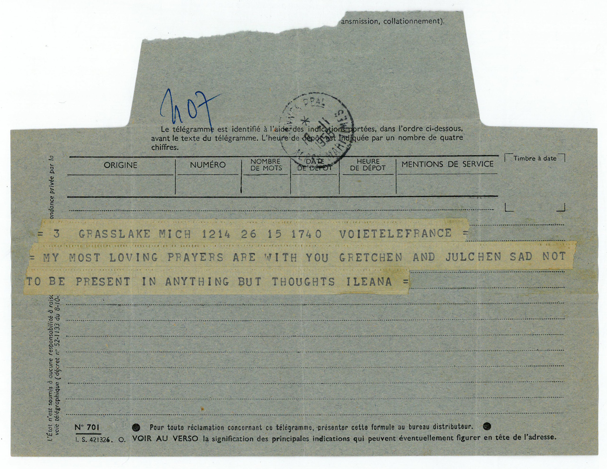 Typed telegram with her name. von Ileana of Romania, Princess (1909 ...