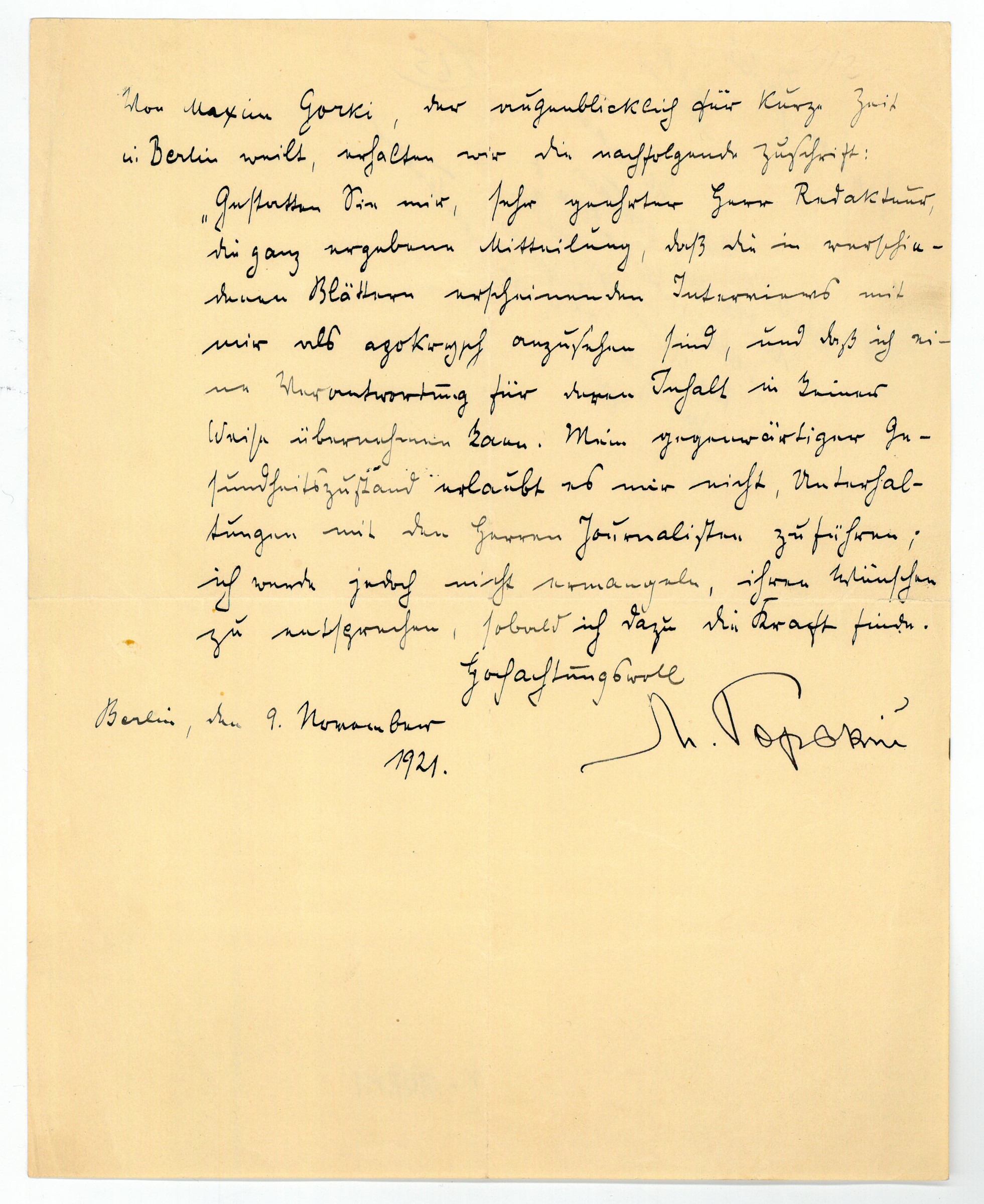 Autograph manuscript signed (in Cyrillic, "M. Gorky") by Gorky, Maxim, i. e. Alexei Maximovitch ...