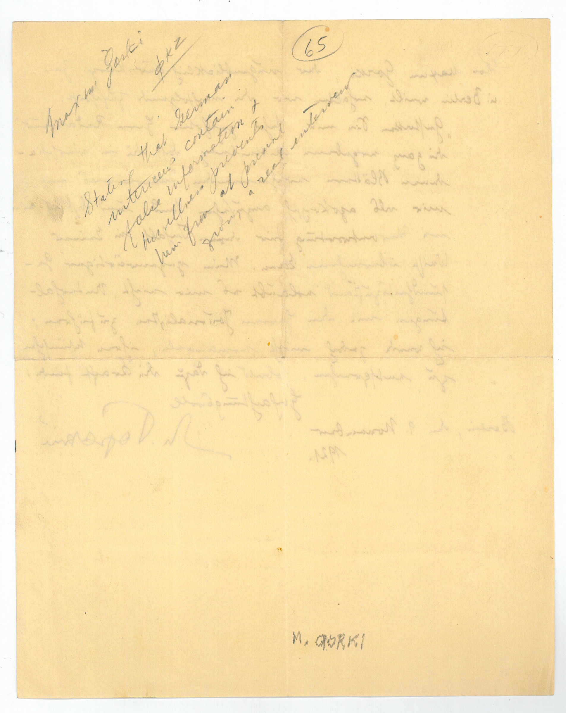 Autograph manuscript signed (in Cyrillic, "M. Gorky") by Gorky, Maxim, i. e. Alexei Maximovitch ...