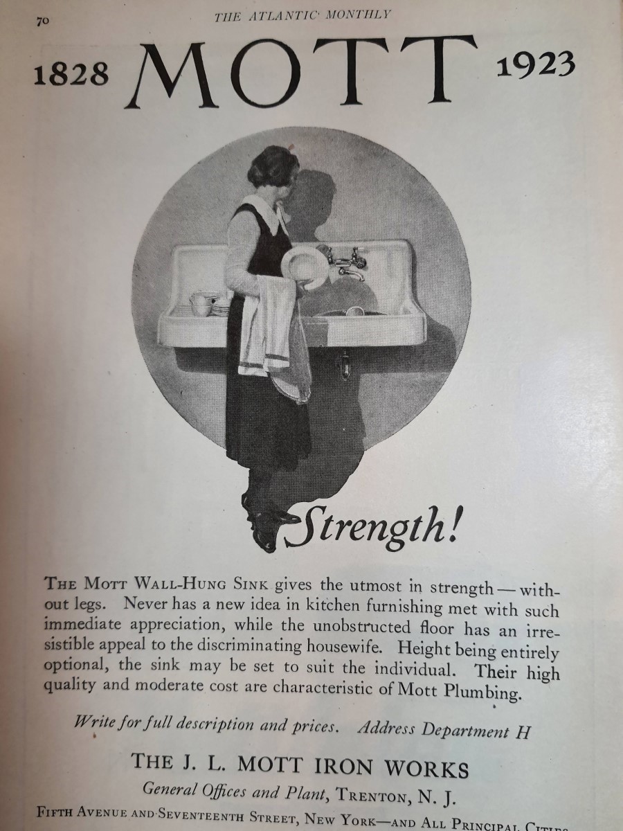 Advertisement for J. L. Mott Iron Works "MOTT Strength 1828-1923" by ...
