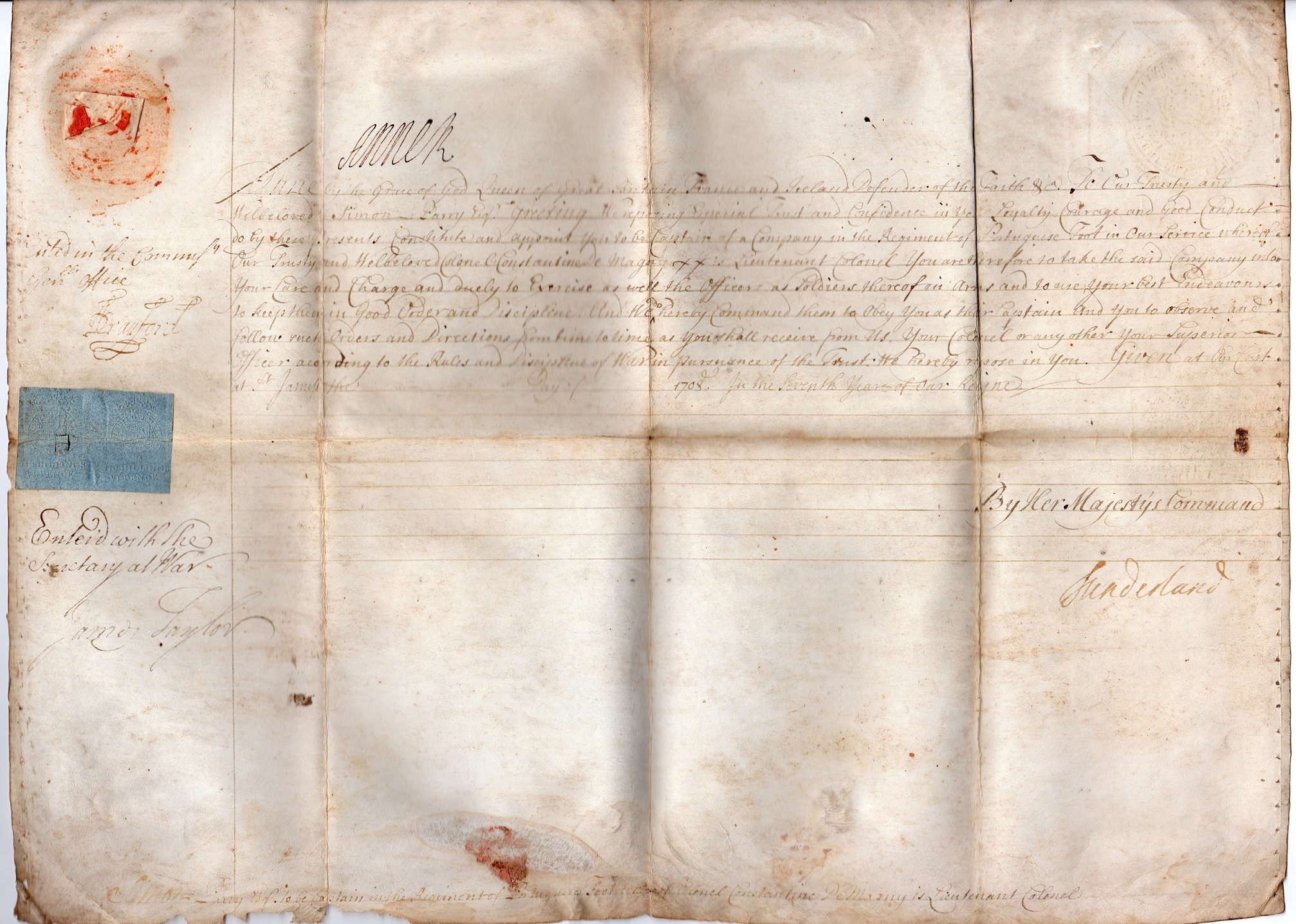 Document signed with rare countersignature by Anne, Queen (1665-1714 ...