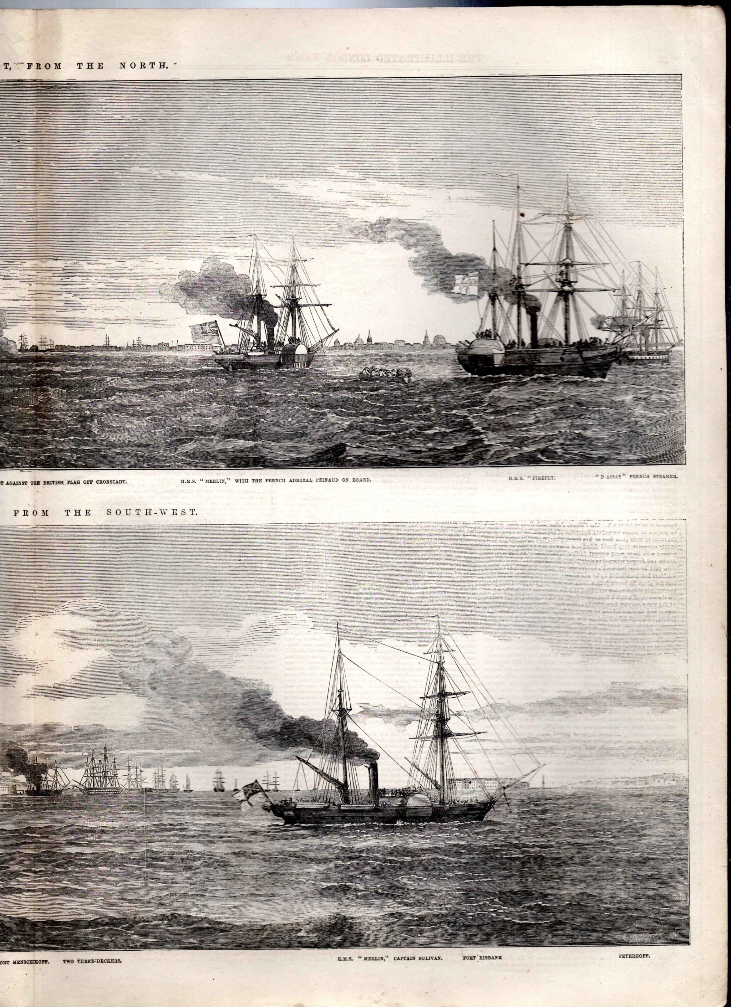 ENGRAVING: "Cronstadt from the North, from the South-west" .double page ...