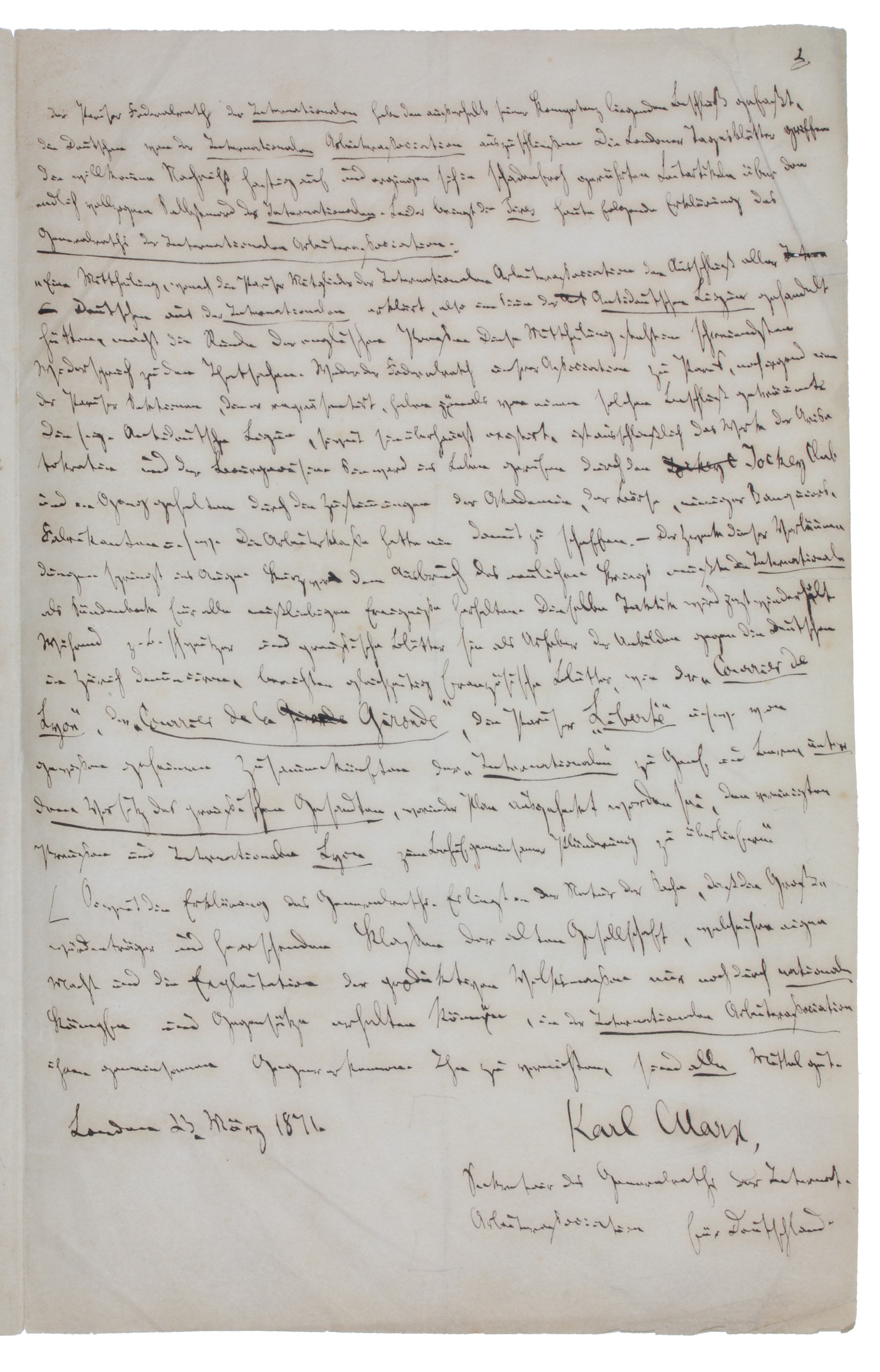 "An die Redaction des 'Volksstaat'". Autograph manuscript signed. von ...