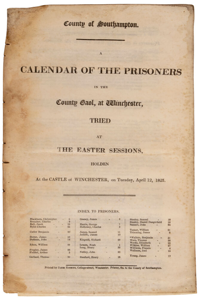 Calendar of the Prisoners in the County Gaol, at Winchester, tried at ...