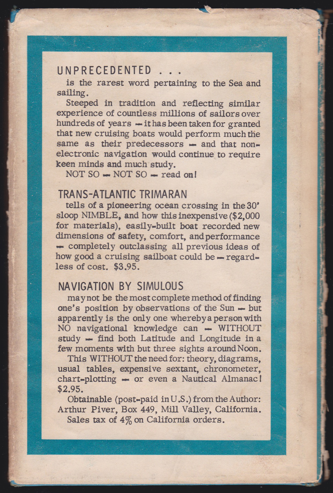 Trans-Pacific Trimaran by Arthur Piver: (1963) First edition ...