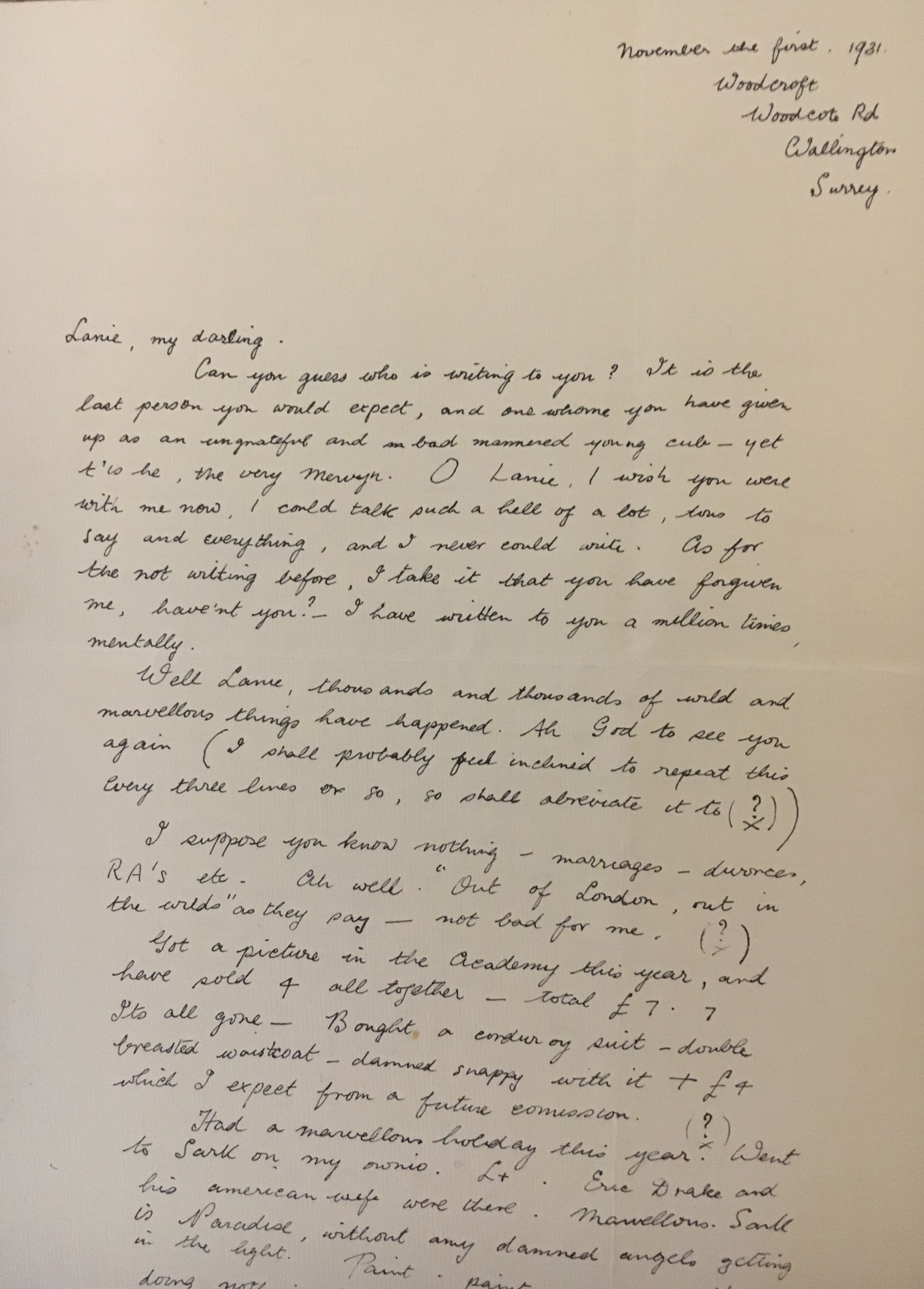 Autograph letter signed to his friend [Helene] Lanie Bruce by PEAKE ...