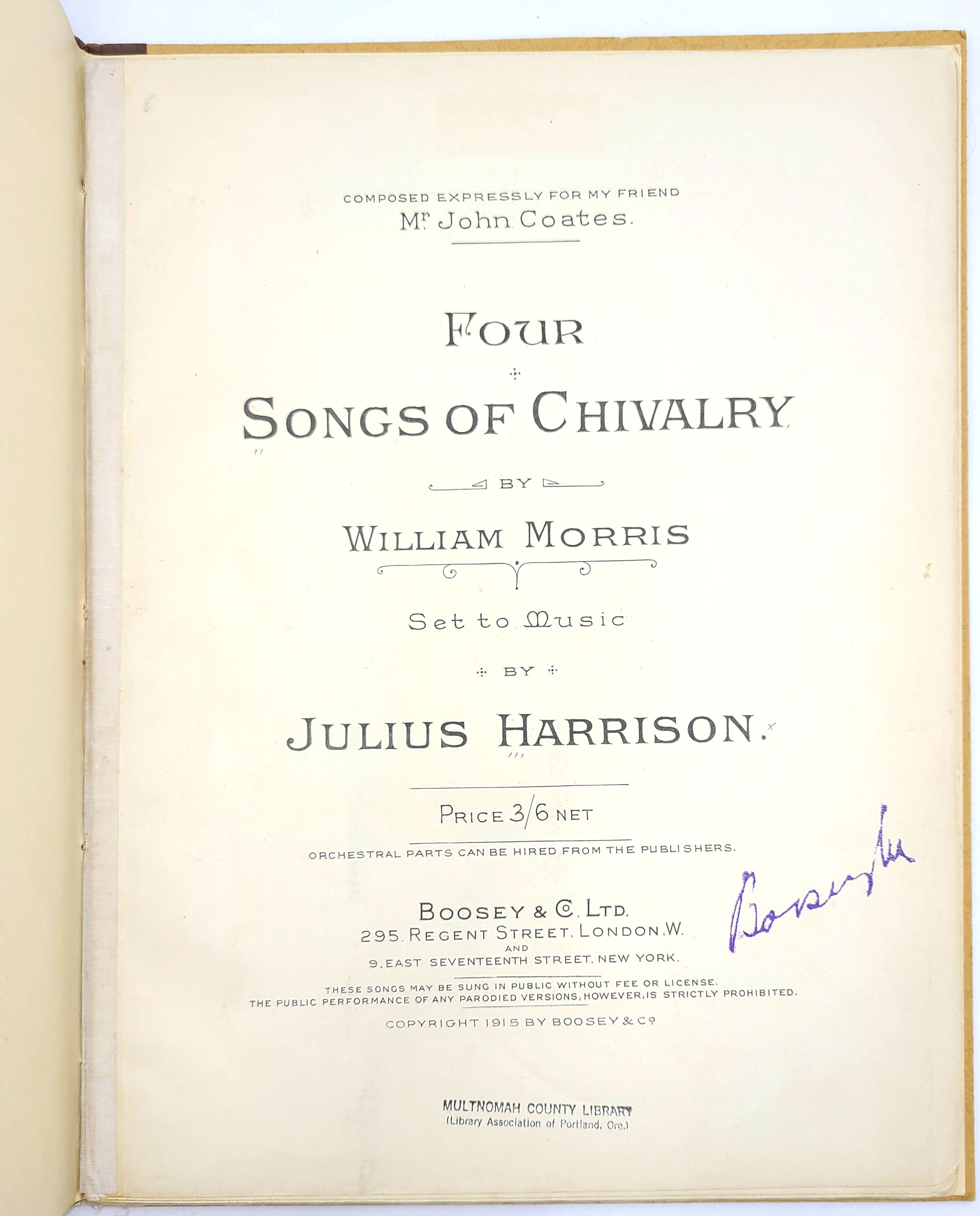 Four Songs of Chivalry by By William Morris. Set to music by Julius ...