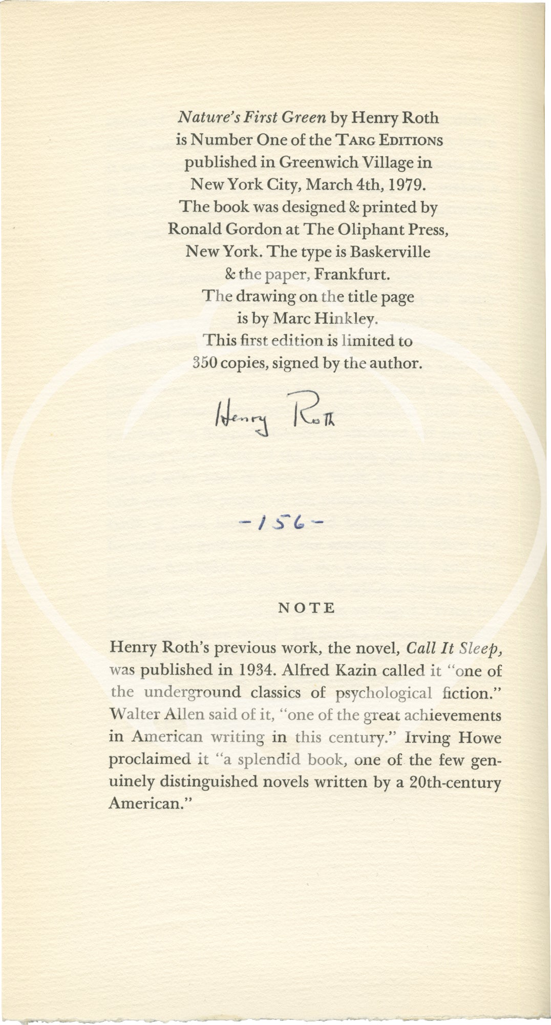 Nature's First Green (First Edition, limited to 350 signed copies) by ...