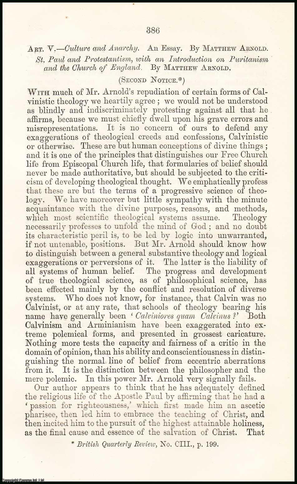Mr. Matthew Arnold and Puritanism. A complete 2 part rare original ...