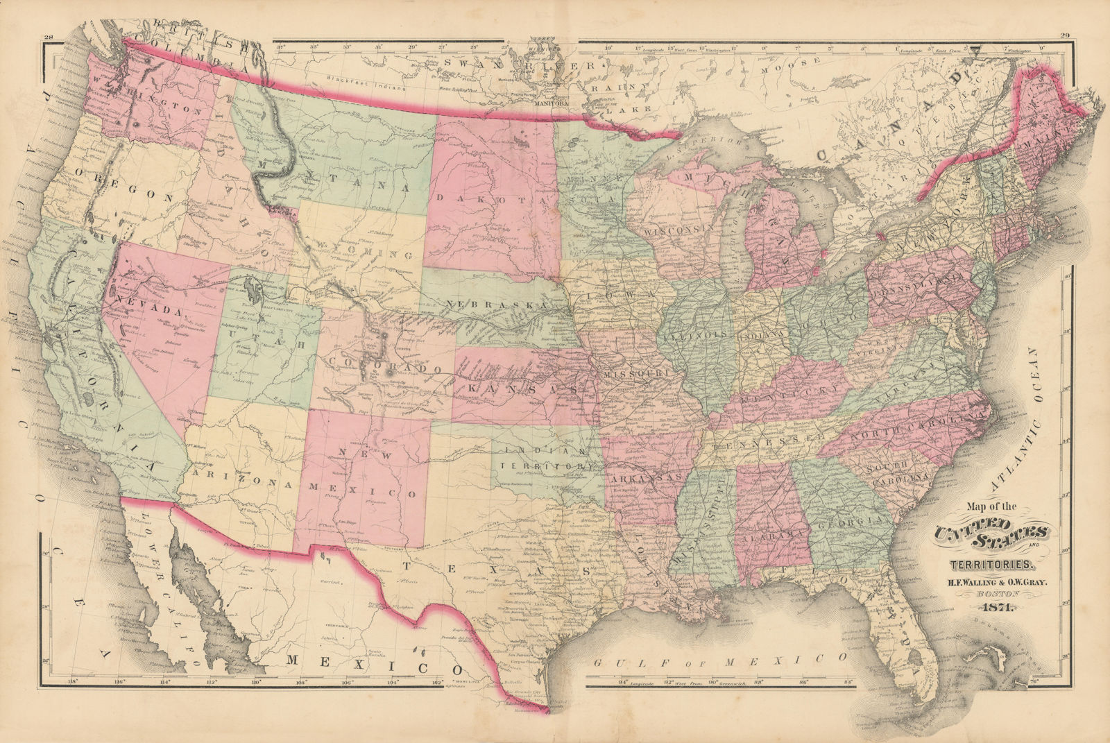 Map of the United States and territories. H.F. Walling & O.W. Gray ...
