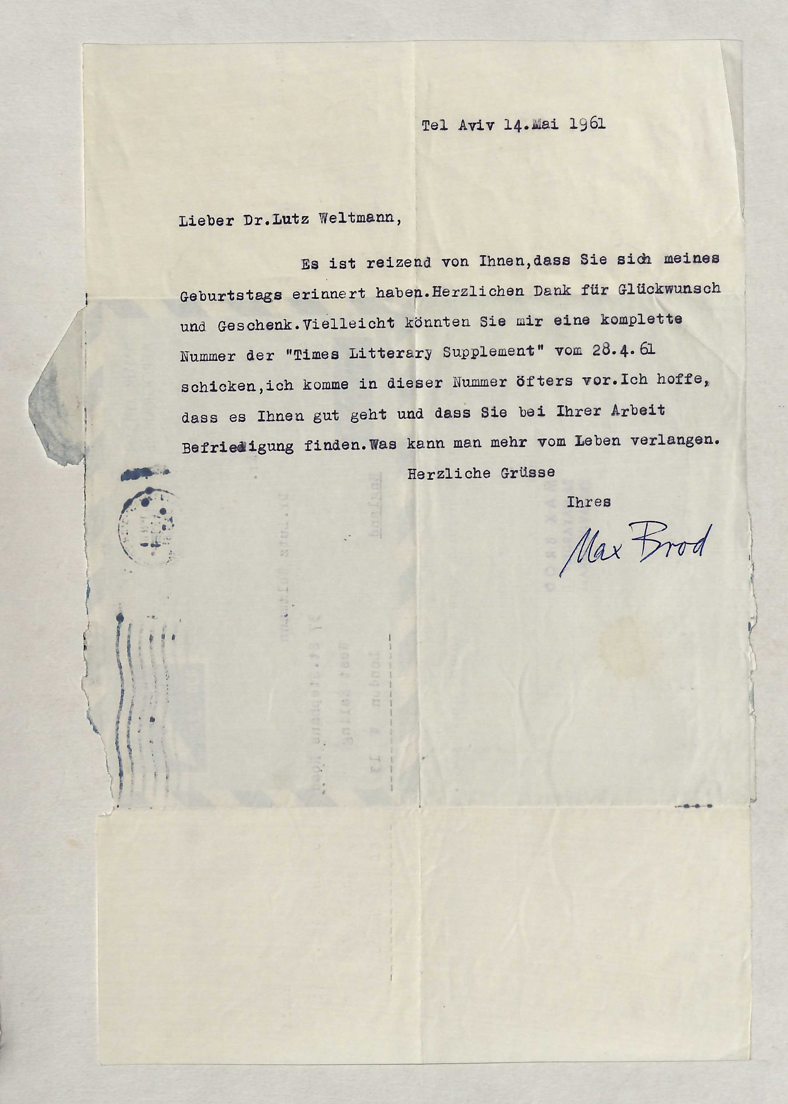 Masch. Brief mit eigenh. U. von Brod, Max, Schriftsteller (1884-1968 ...